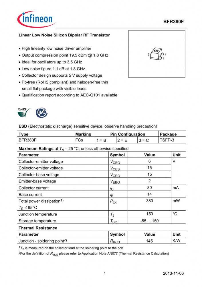 BFR380FH6327 technical document page 1