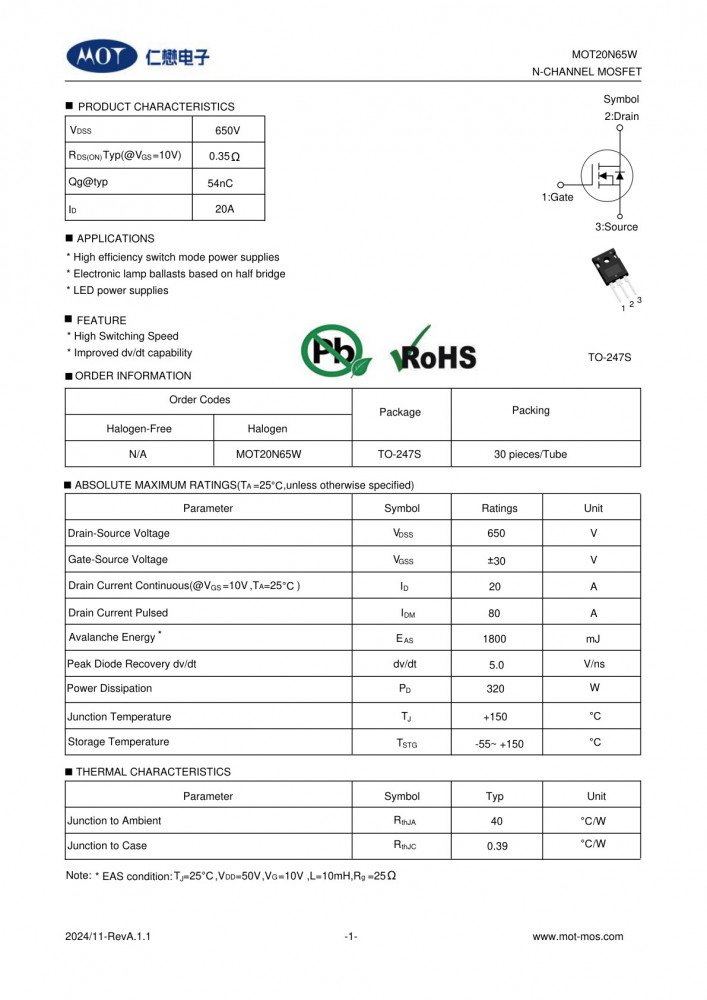 MOT20N65W datasheet page 1