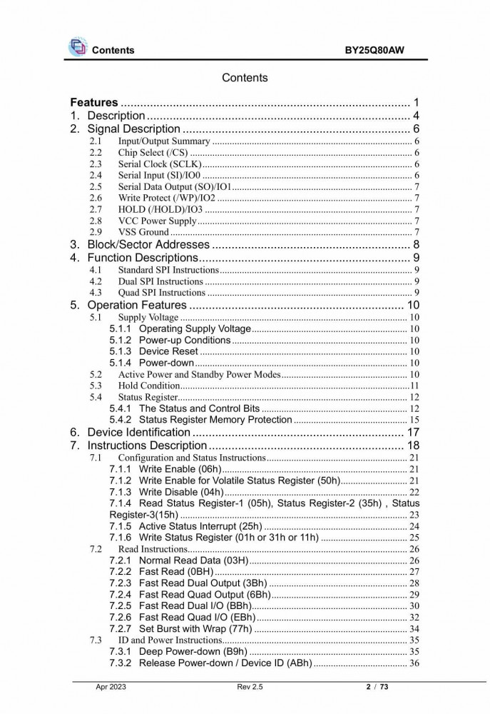 BY25Q80AW datasheet page 2