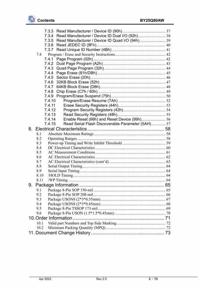 BY25Q80AW datasheet page 3