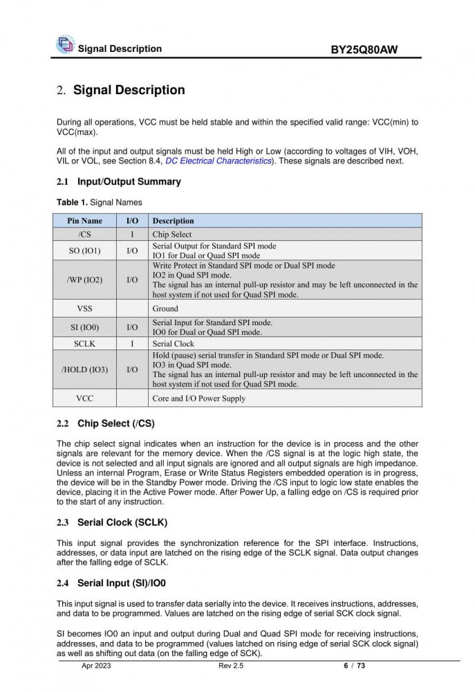 BY25Q80AW datasheet page 6