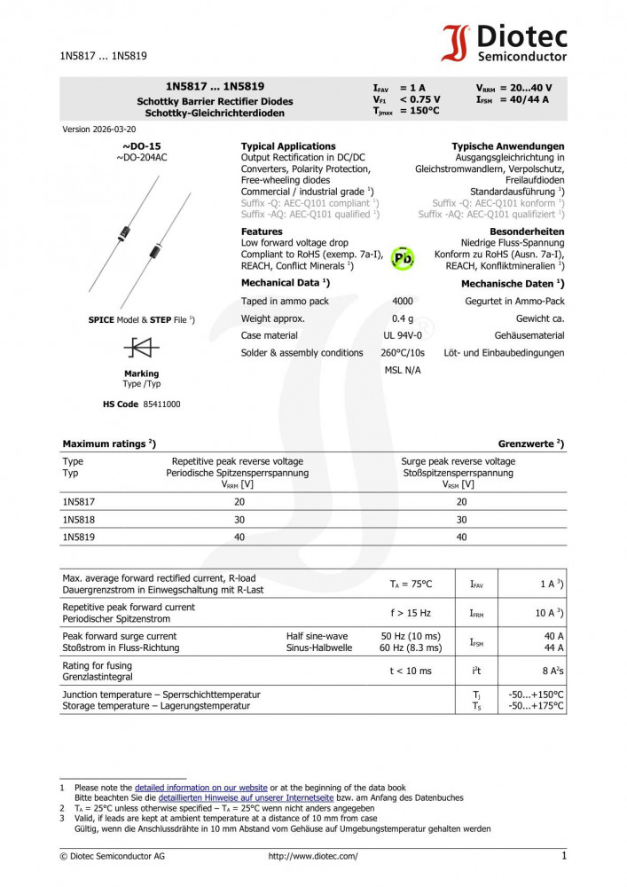 DIOTEC 1N5817–1N5819 datasheet page 1