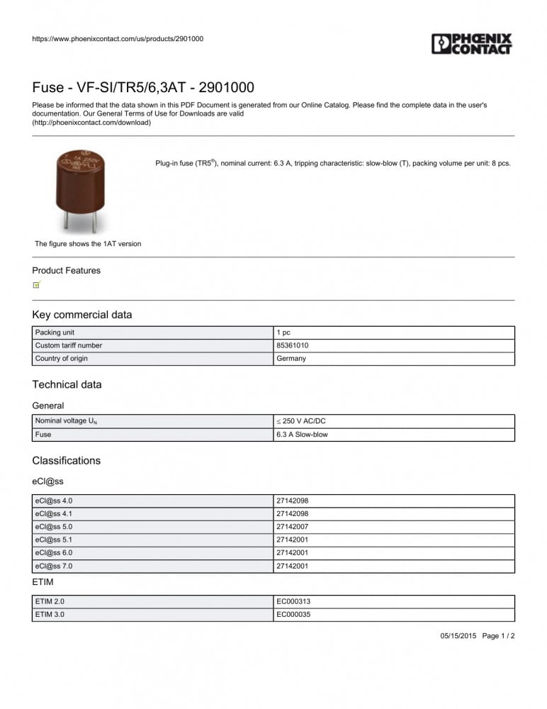 Phoenix Contact 2901000 technical document page 1
