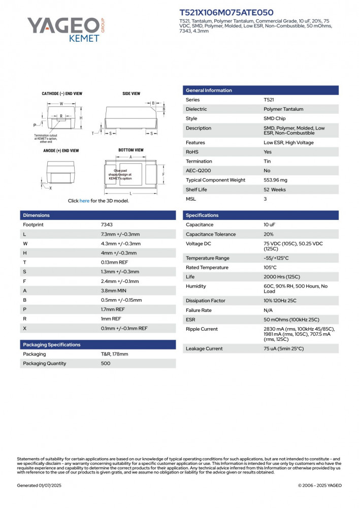 KEMET T521X106M075ATE050 technical document page 1