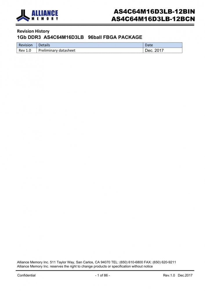AS4C64M16D3LB-12BIN datasheet page 1