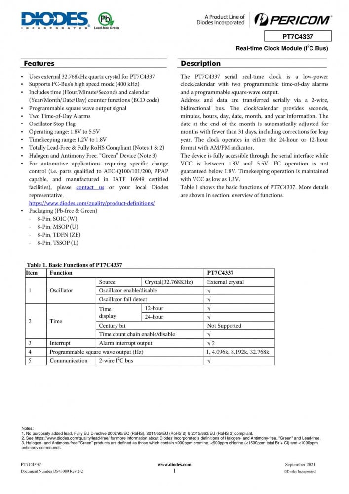 PT7C4337 datasheet page 1