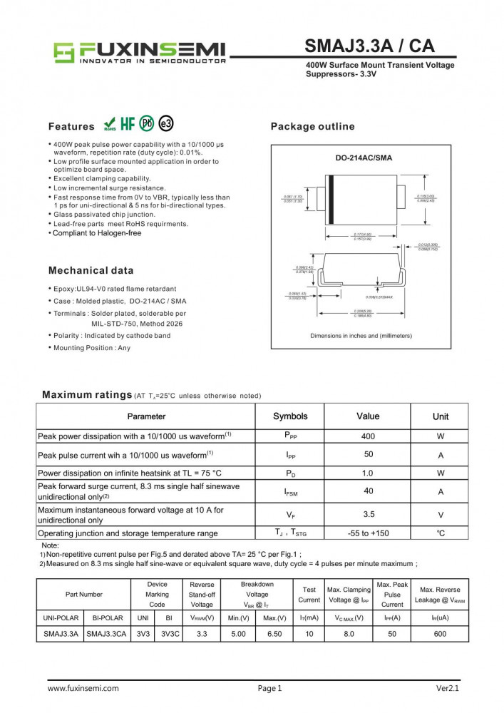 SMAJ3.3CA datasheet page 1