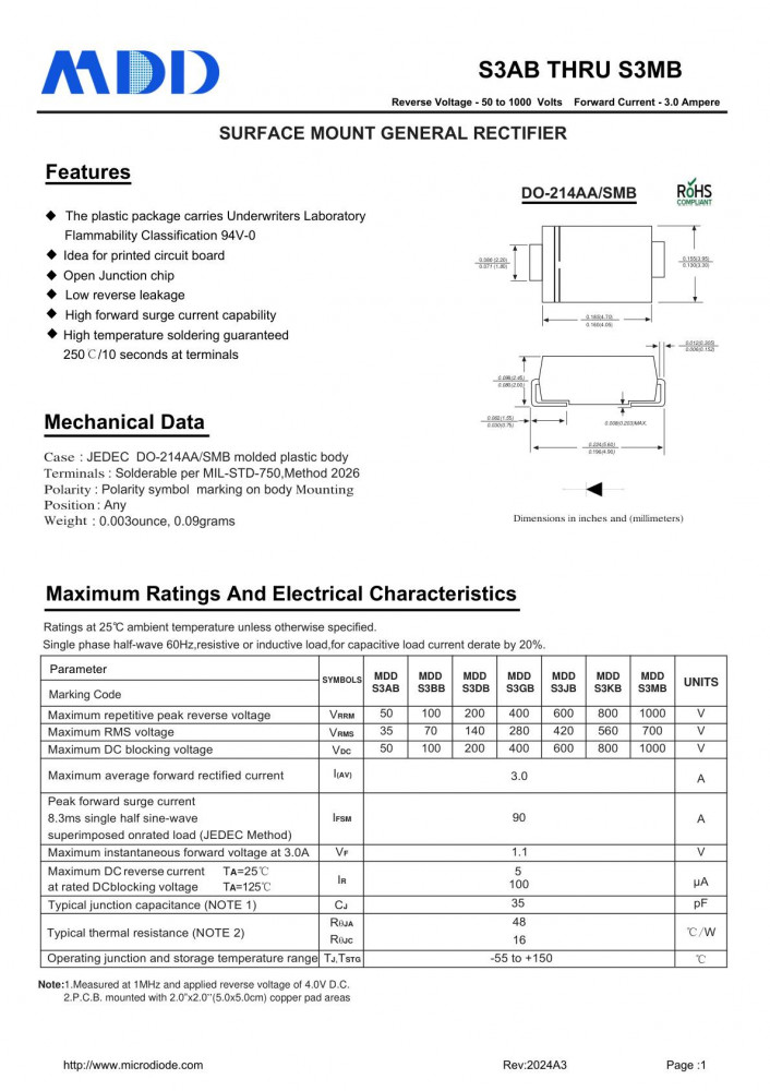MDD S3MB datasheet page 1
