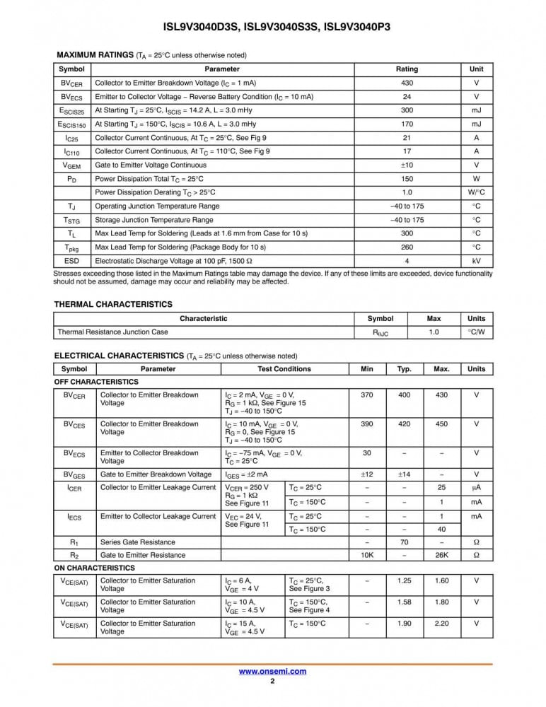 ISL9V3040D3ST datasheet page 2