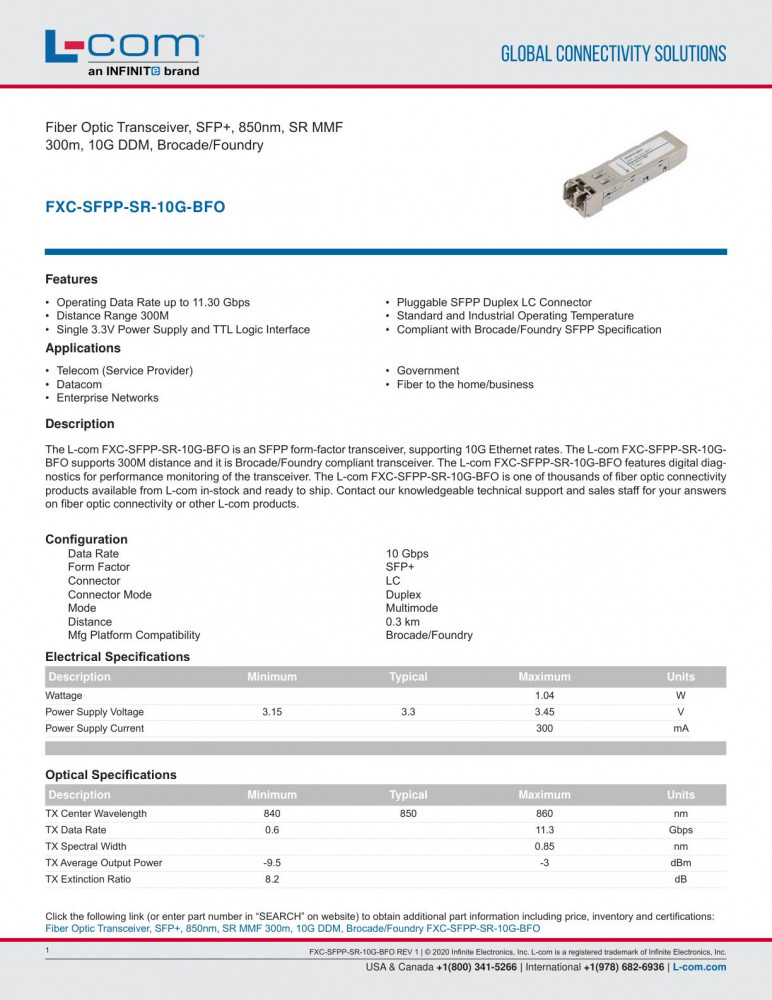 FXC-SFPP-SR-10G-BFO datasheet page 1