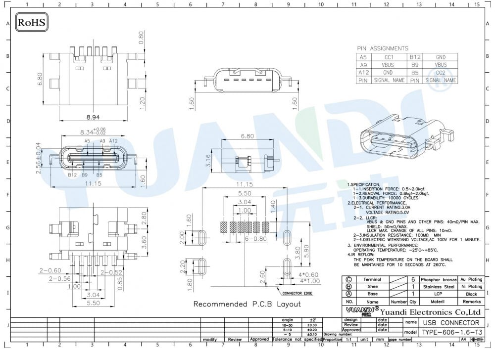 Yuandi TYPE-606-1.6-T3 USB connector technical drawing