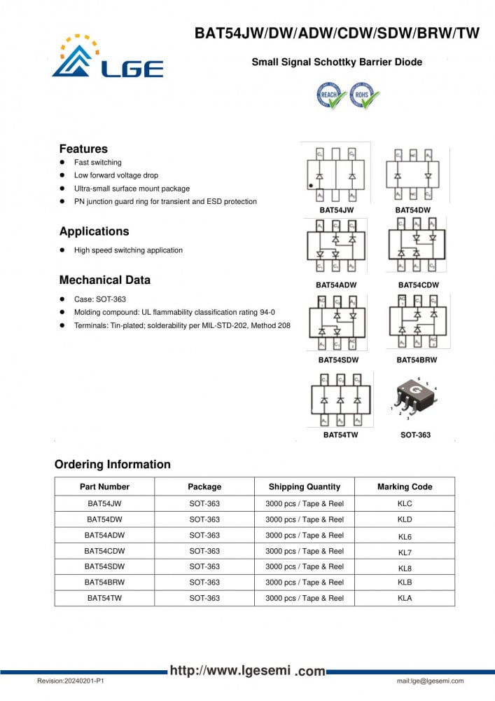 BAT54TW datasheet page 1