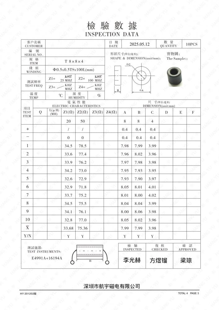 T8×8×4 inspection data page