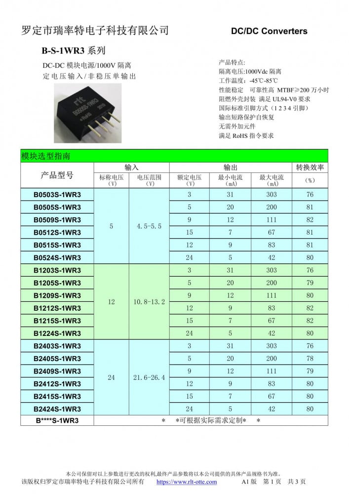 RLT B0505S-1WR3 datasheet page 1
