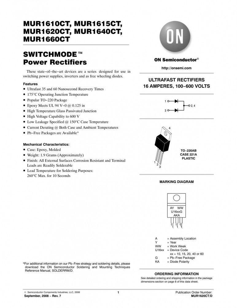 MUR1620CTG datasheet page 1