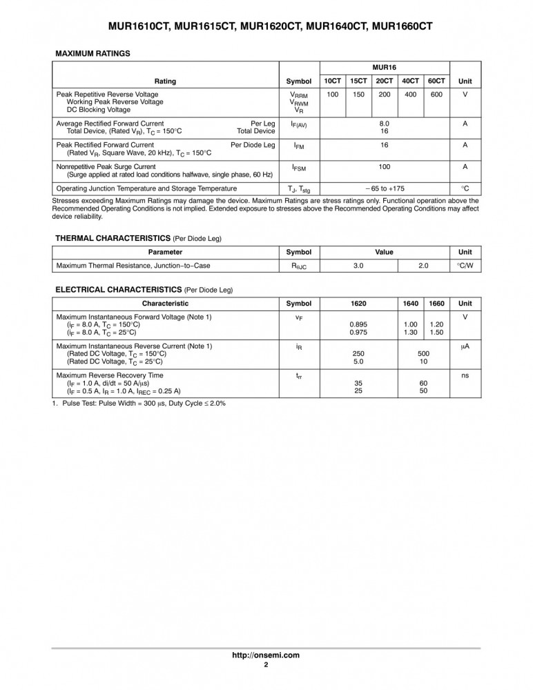MUR1620CTG datasheet page 2
