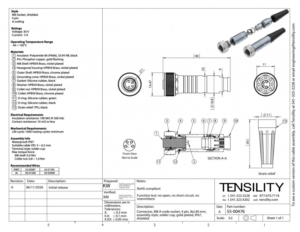 55-00476 M8 A-coded 4-pin socket product drawing