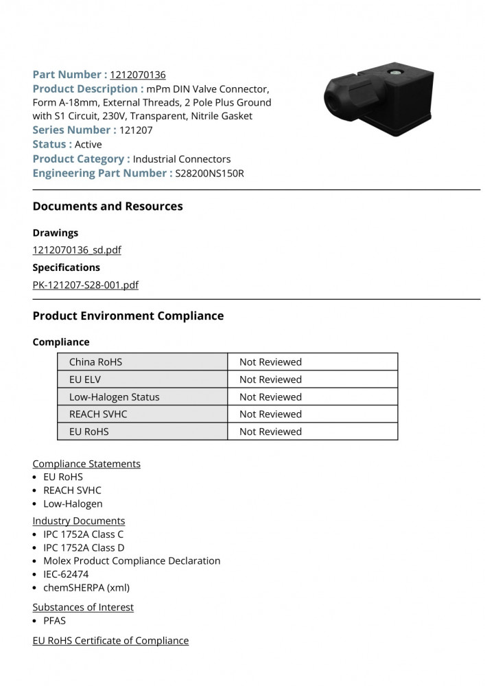 Molex S28 DIN valve connector packaging specification page 1
