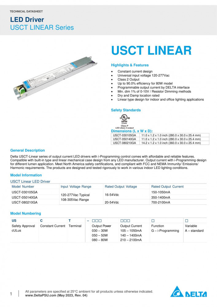 DELTA USCT Linear LED Driver datasheet page 1