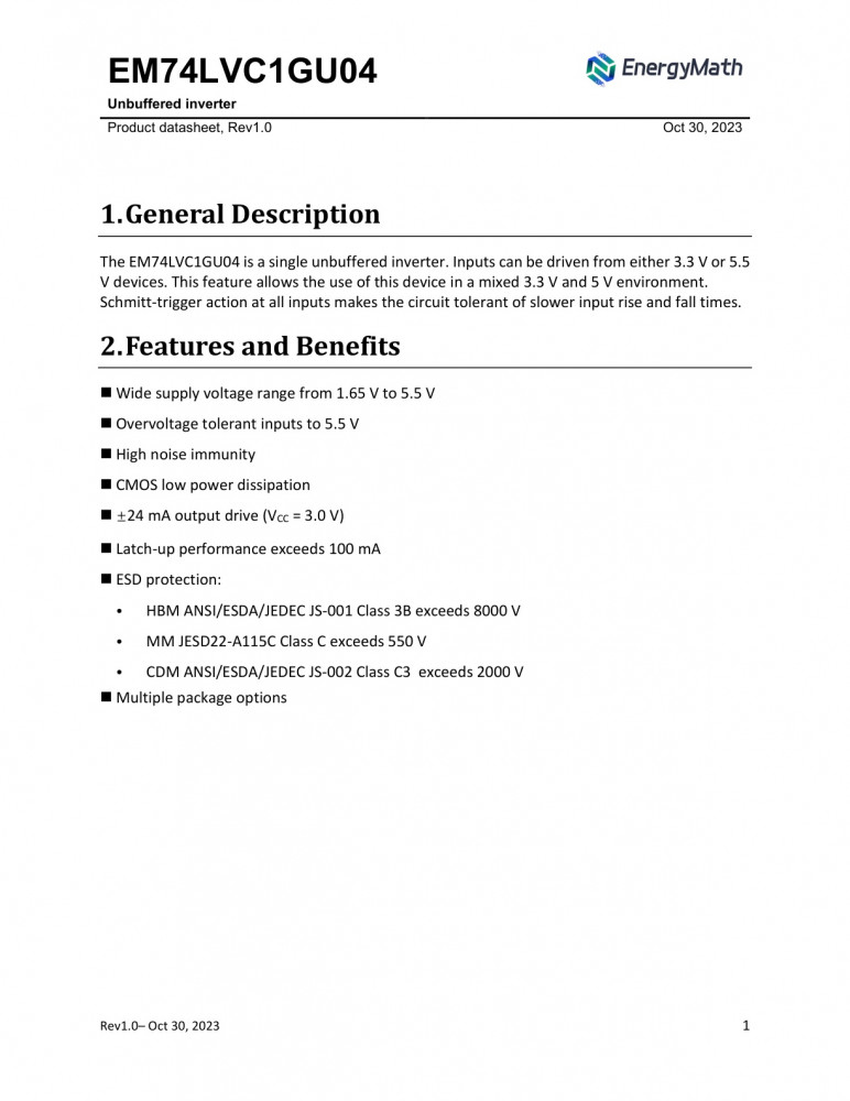 EM74LVC1GU04GV datasheet page 1