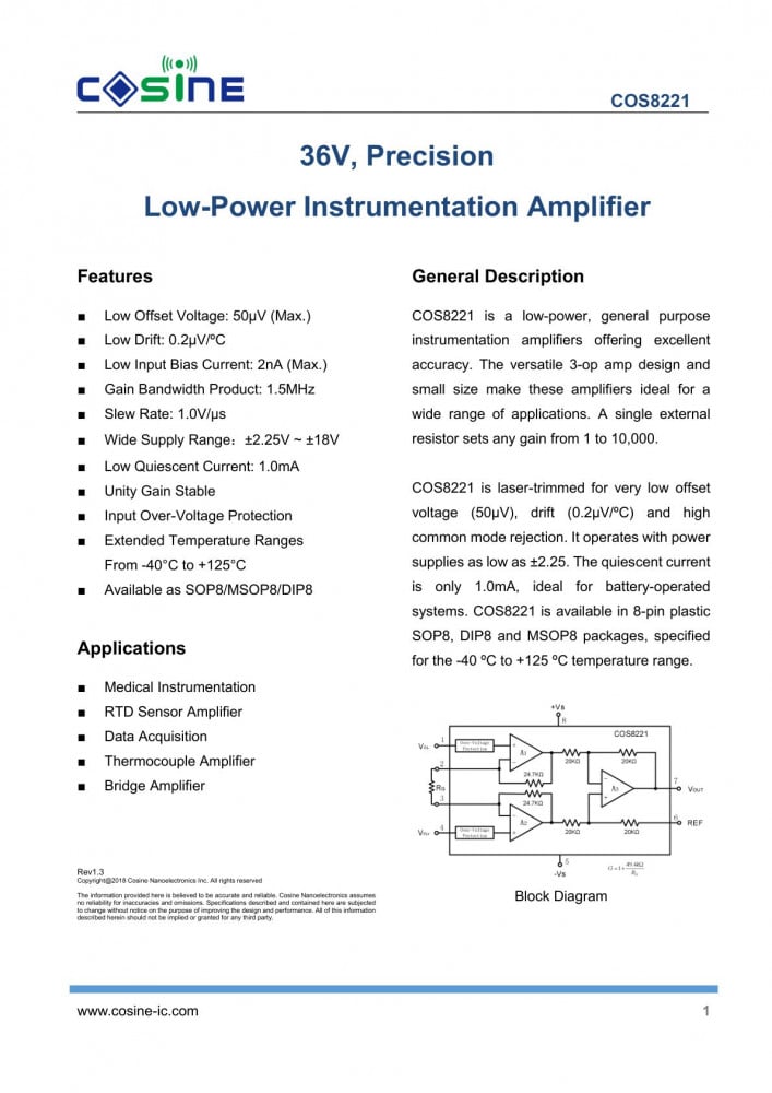 COS8221ARZ datasheet page 1