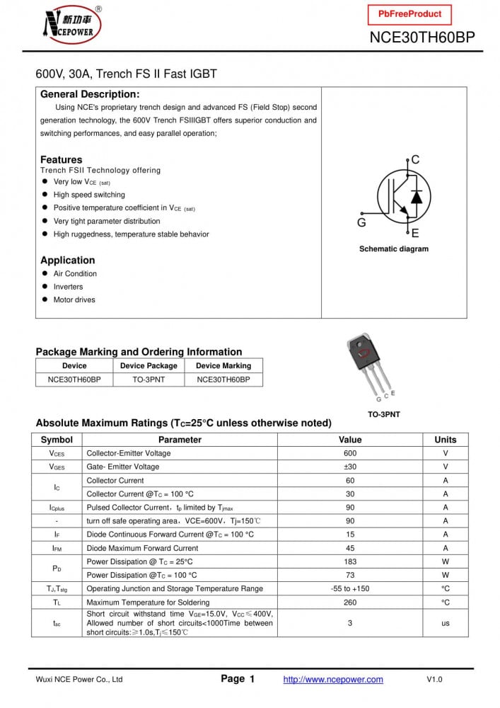 NCE30TH60BP datasheet page 1