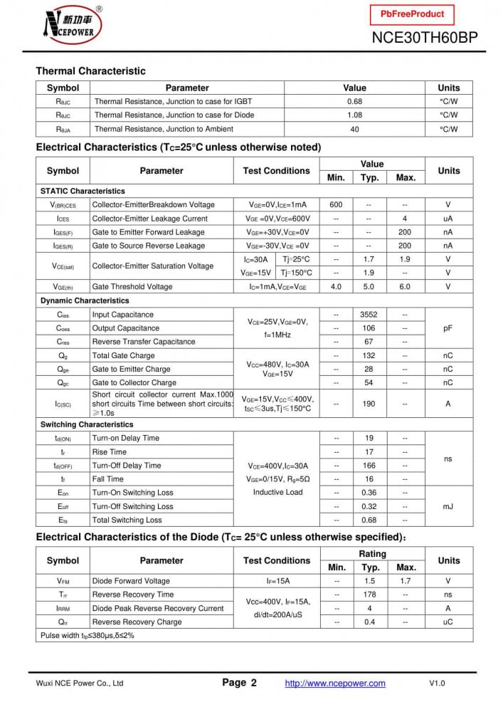 NCE30TH60BP datasheet page 2