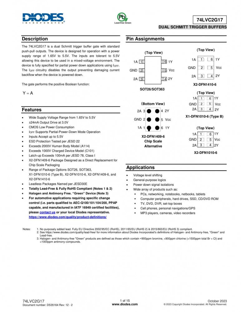 74LVC2G17FX4-7 datasheet page 1