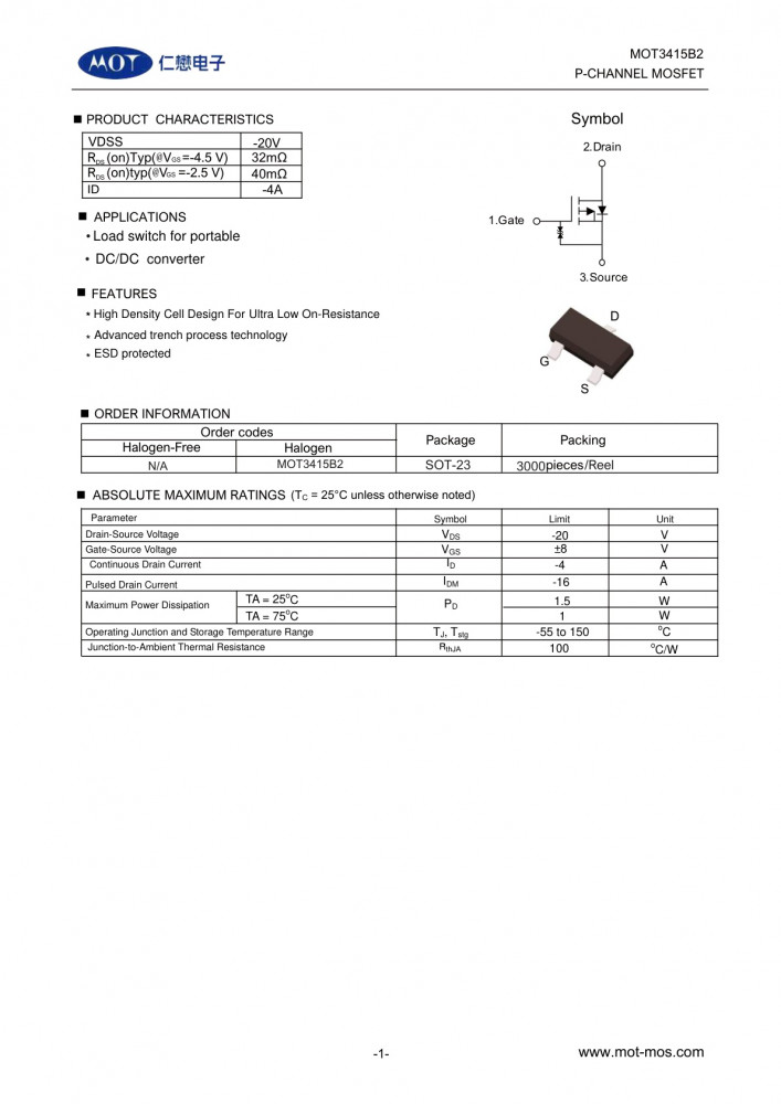 MOT3415B2 datasheet page 1