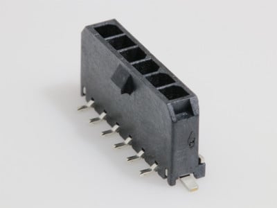 Micro-Fit 3.0 Right-Angle Header, 3.00mm Pitch, Single Row, 6 Circuits, with PCB Press-fit Metal Retention Clip, 0.38µm Gold Plating, Glow-Wire Capable, Black