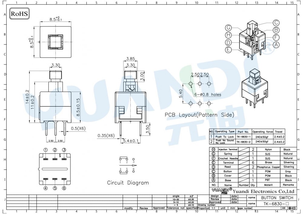 YUANDI TK-6830-2 button switch technical drawing