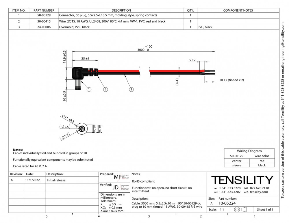 Tensility International 10-05224 DC cable assembly drawing