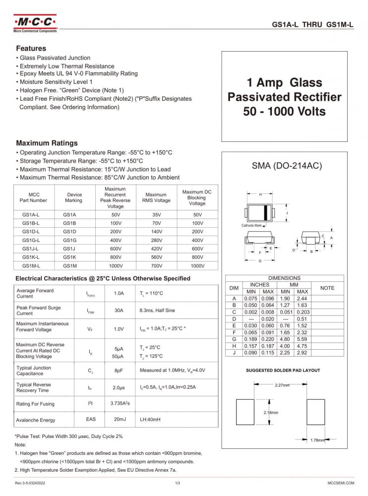 MCC GS1K-LTP datasheet page 1