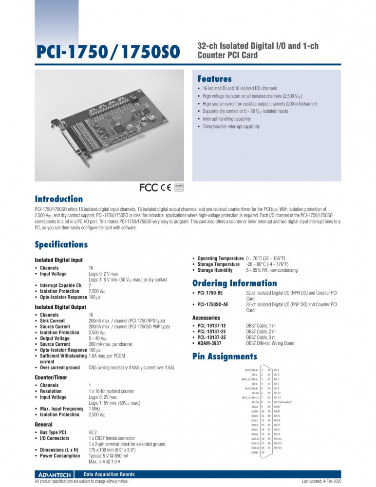 PCI-1750 technical document page