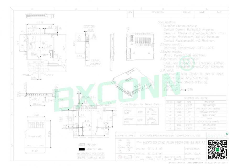 BXCONN TF-015-9P technical document page 1