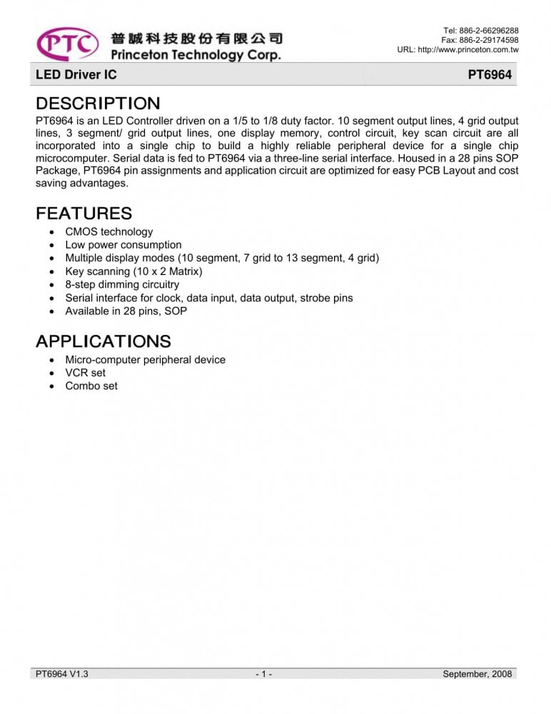 PT6964 datasheet page 1
