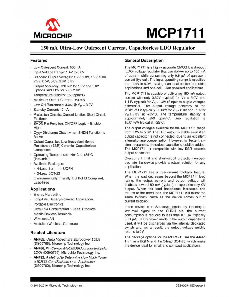 MCP1711 datasheet page 1