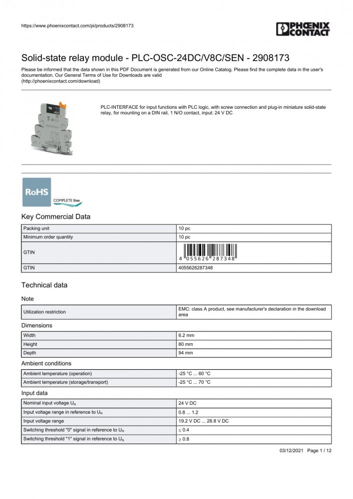Phoenix Contact 2908173 technical document page 1