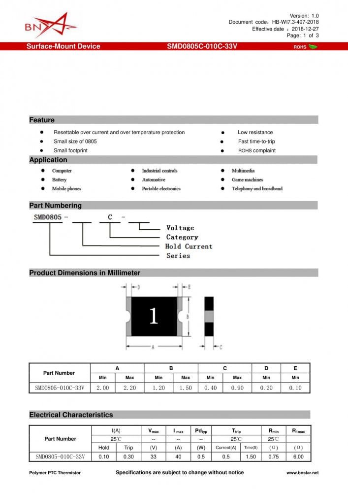 BNstar SMD0805-010C-33V datasheet page 1