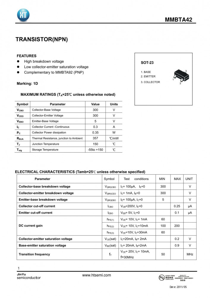 MMBTA42 technical document page 1