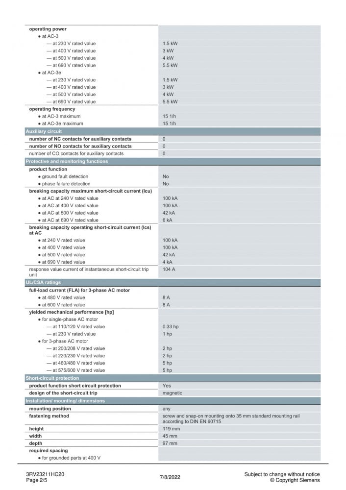 3RV23211HC20 technical document page 2