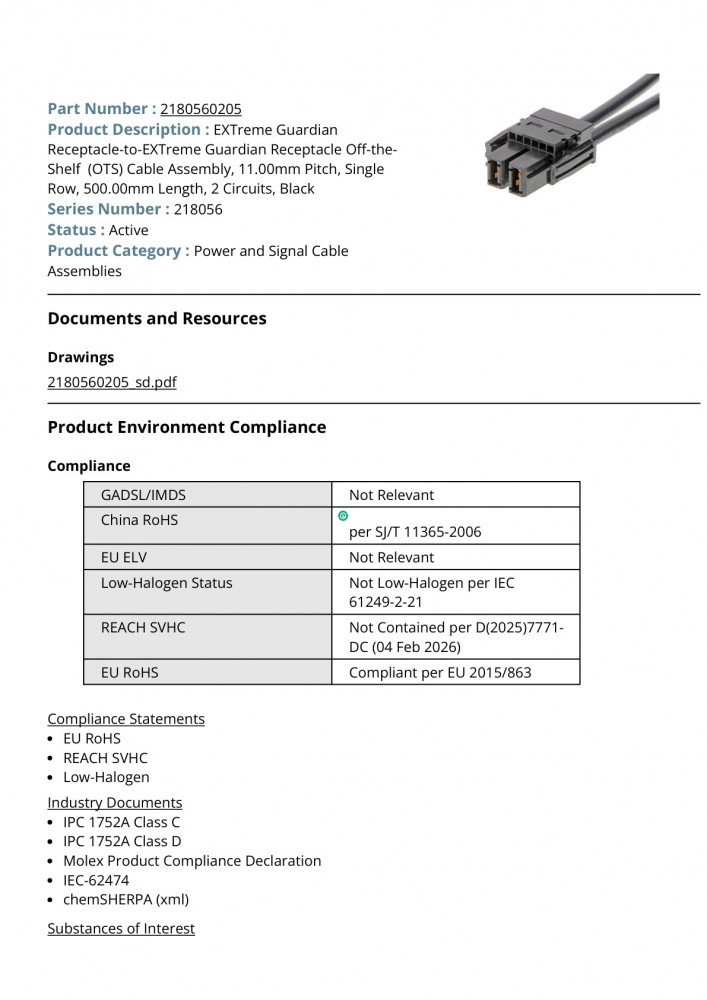 MOLEX 2180560205 product drawing, page 1