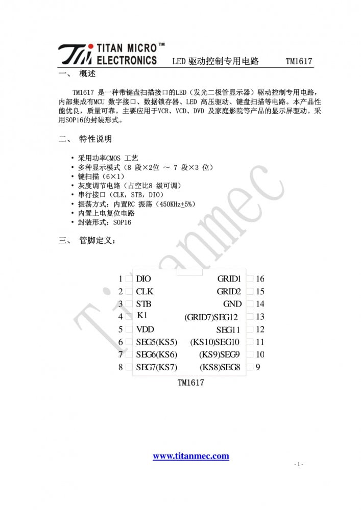 TM1617 datasheet page 1