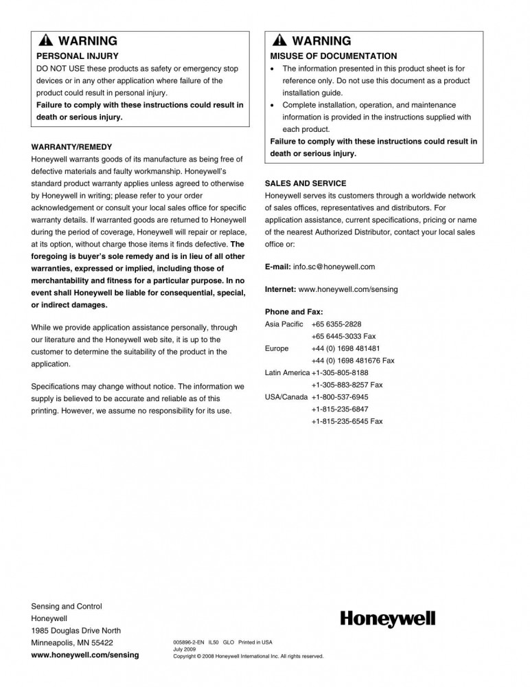 Honeywell RPN Series datasheet page 8