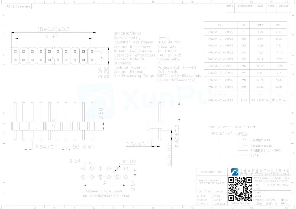 PH2.54-01-05PZS technical drawing page