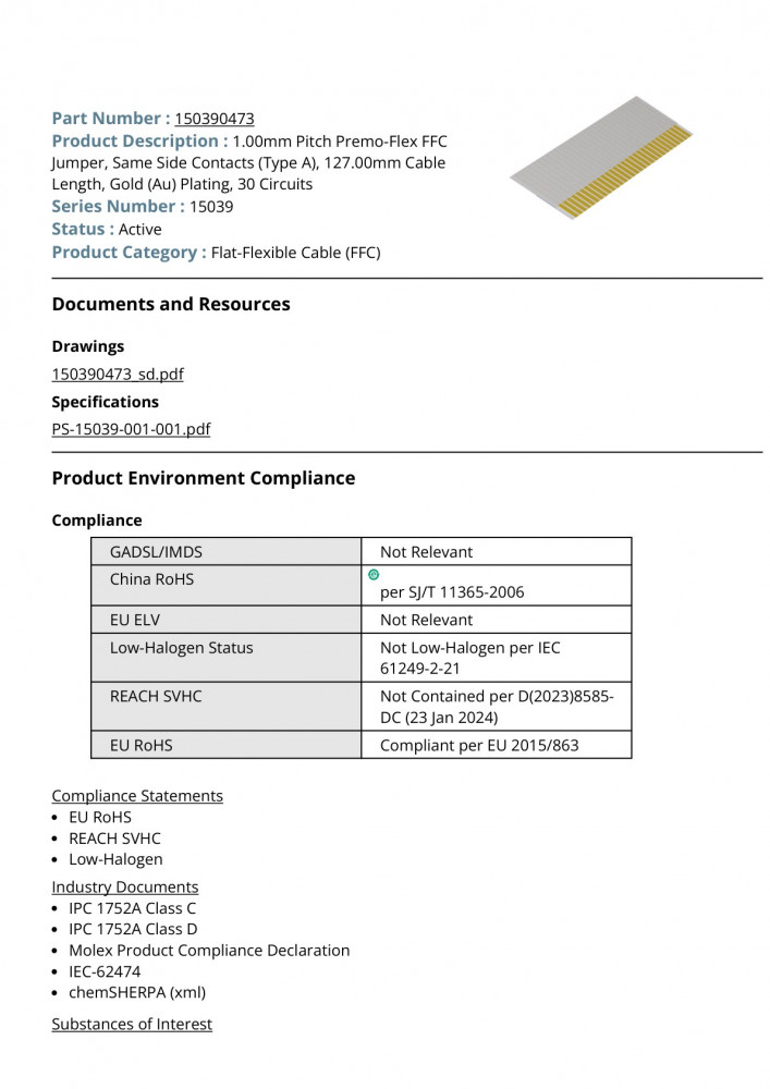 MOLEX 1.00 mm pitch FFC family specification, page 1