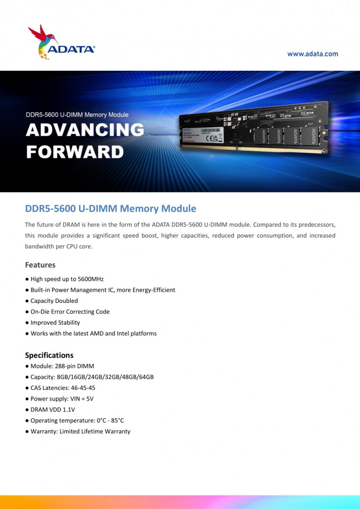 ADATA DDR5-5600 U-DIMM product document, page 1