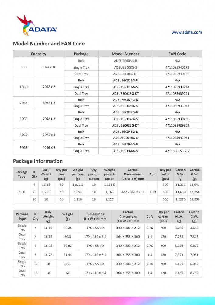 ADATA DDR5-5600 U-DIMM product document, page 2