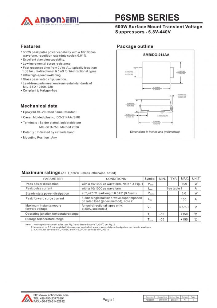 AnBon P6SMB series datasheet page 1