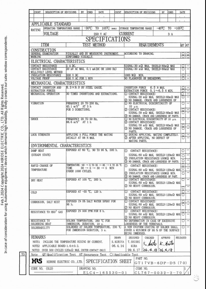 HRS GT17VB-6DP-DS(70) specification sheet preview